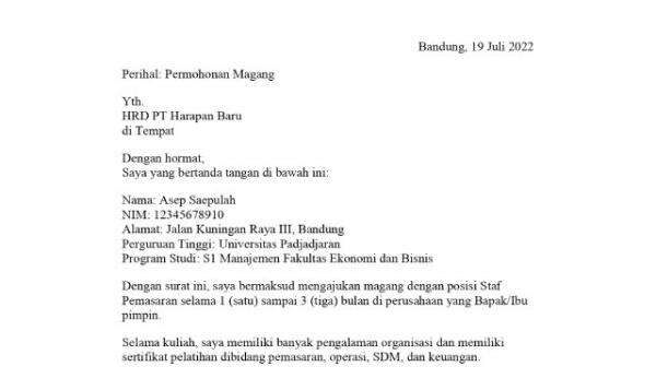 5 Contoh Surat Lamaran Magang yang Baik dan Benar untuk Mahasiswa ...